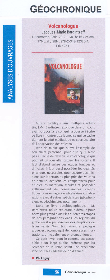 Livre « Volcanologue » dans « Géochronique », par Jacques-Marie Bardintzeff