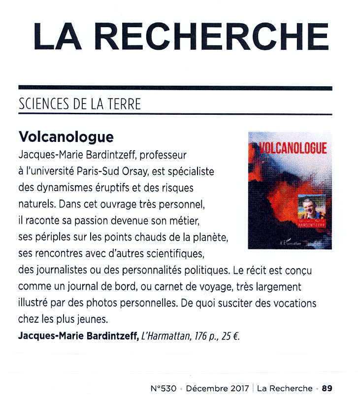 « La Recherche » analyse « Volcanologue », par Jacques-Marie Bardintzeff