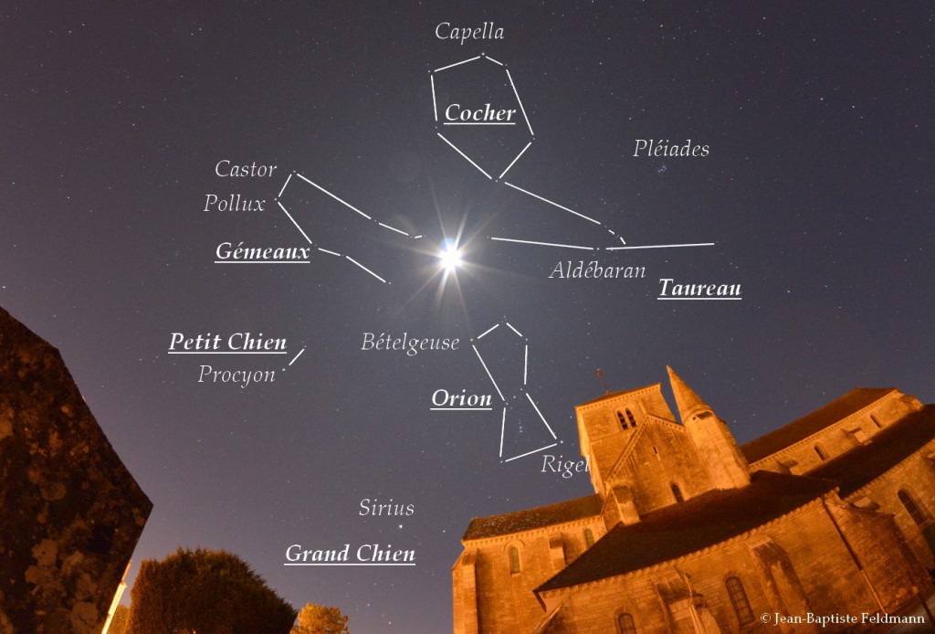 La Lune gibbeuse entre Gémeaux, Cocher, Taureau et Orion