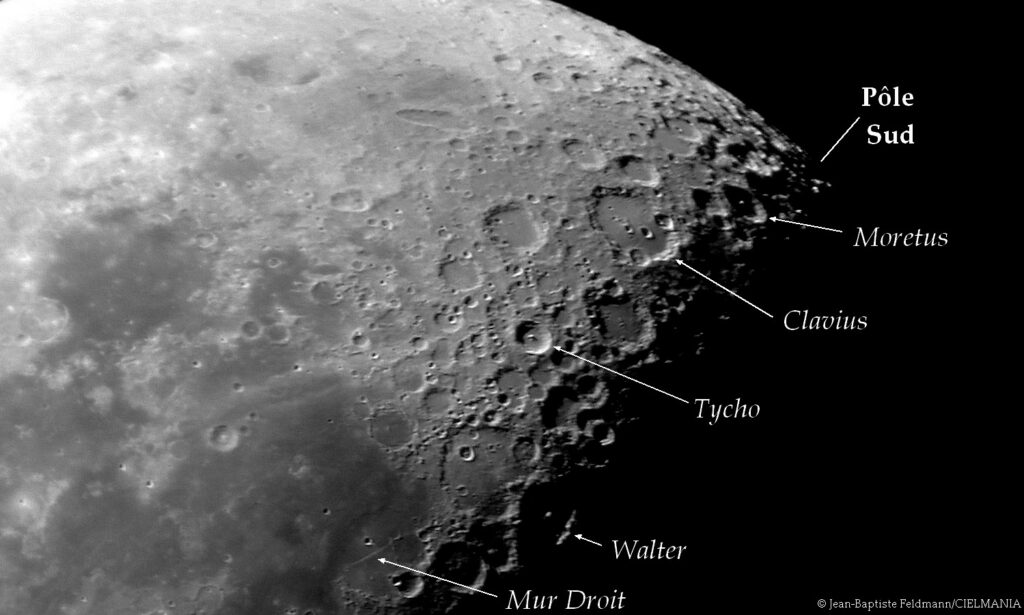 Dernier Quartier de Lune : le long du terminateur au pôle Sud